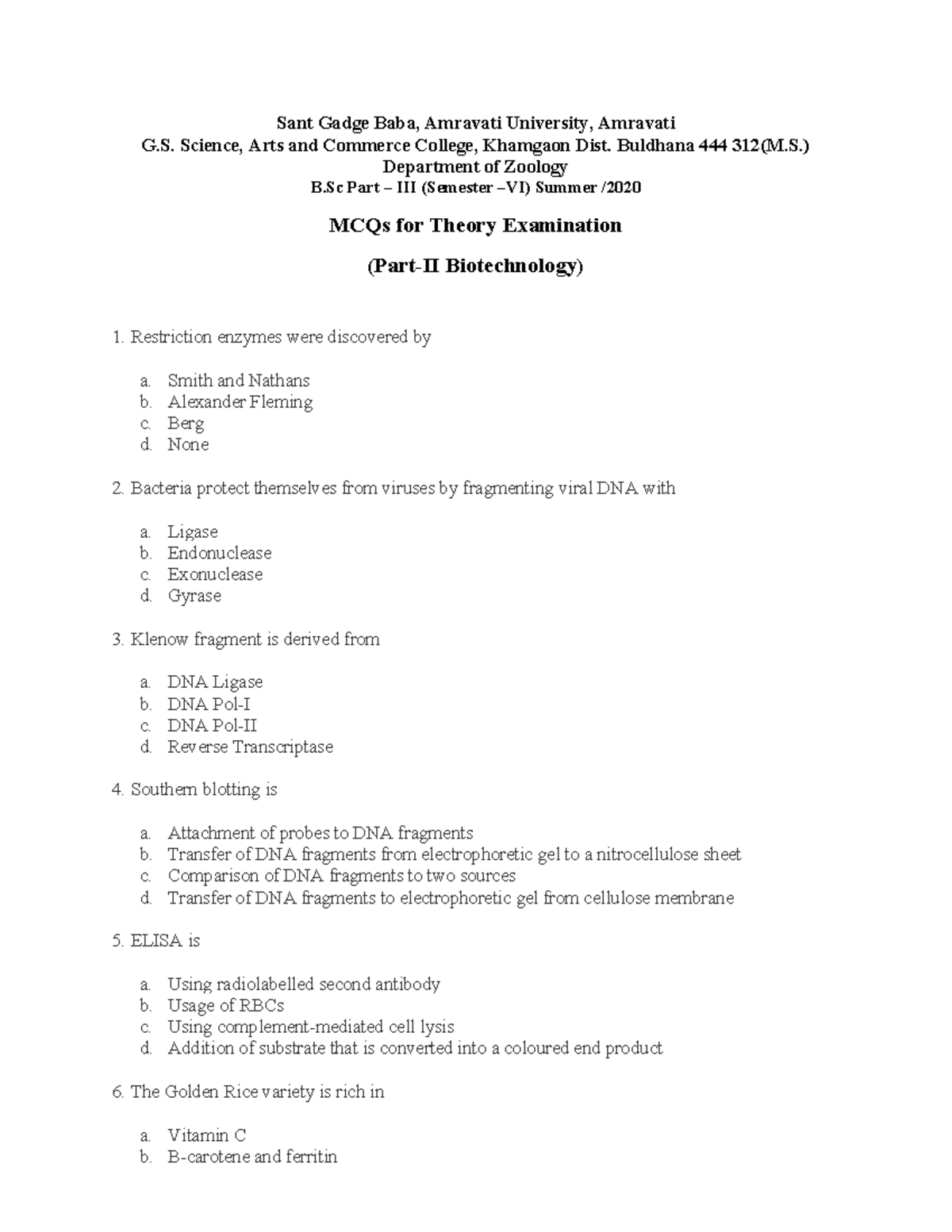 B.Sc. III Zoology (GBK) - MCQs for II Semester Biotech Exam - Studocu