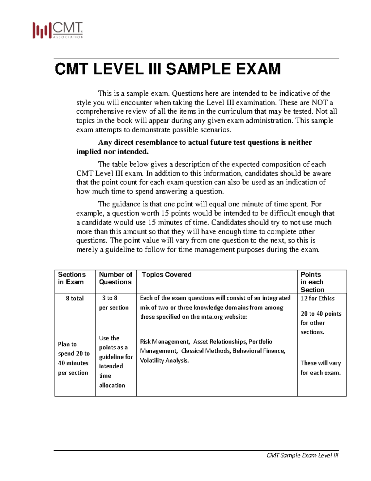 CMT Level III Sample Exam: Insights and Guideline for Success - Studocu