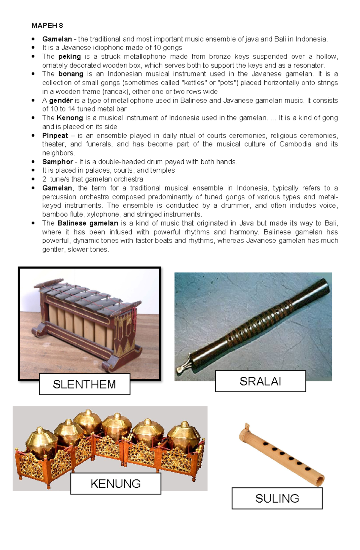 MAPEH 8 - Gamelan Instruments and Their Cultural Significance - Studocu