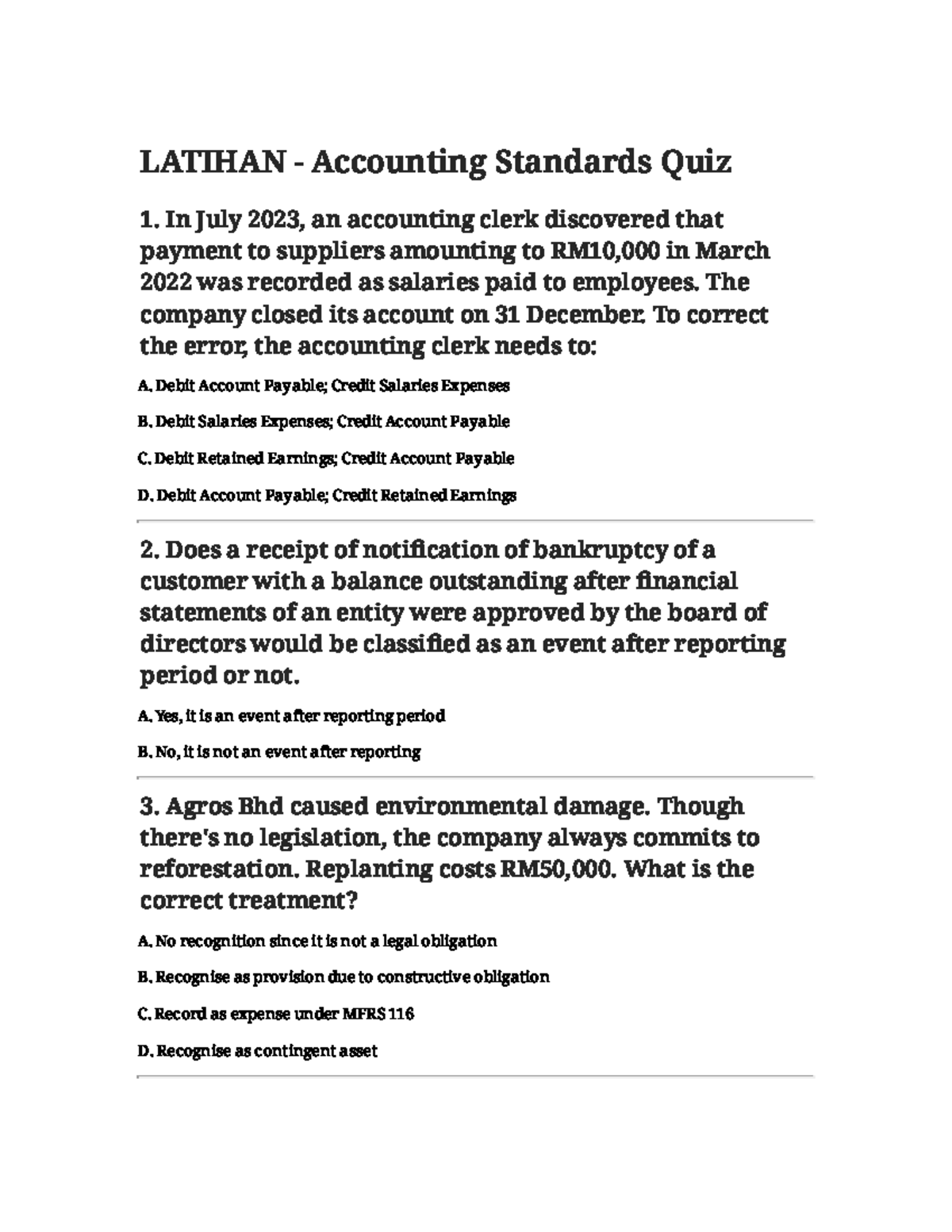 FAR270 Accounting Standards Quiz 1: Key Concepts and Scenarios - Studocu
