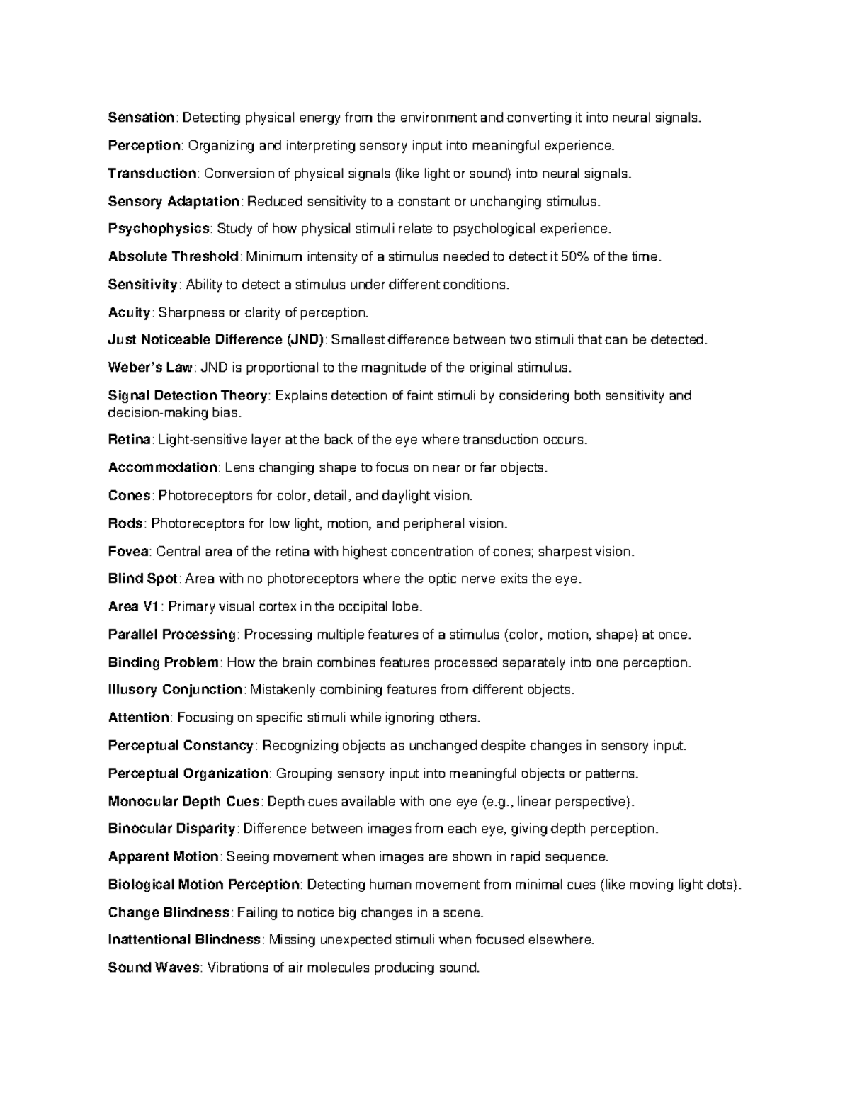 Sensory Processing & Perception Concepts - PSY 101 Lecture Notes - Studocu