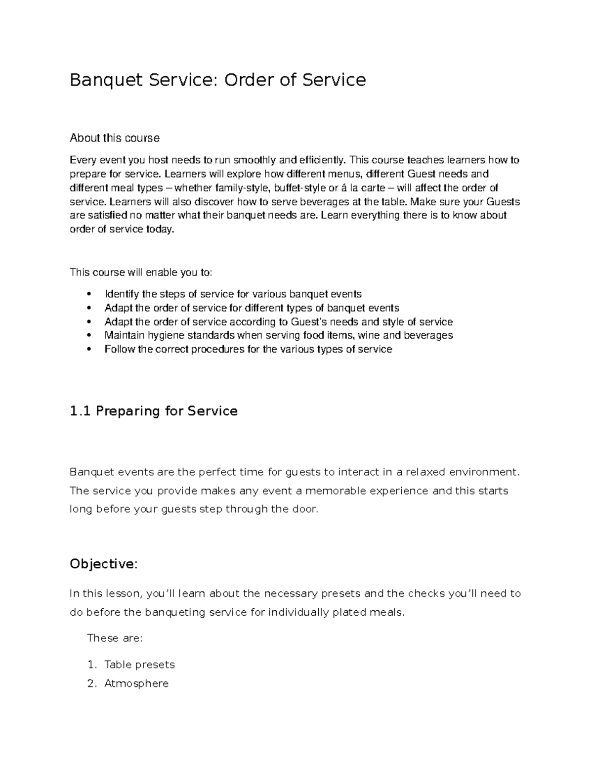 Banquet Service (COURSE CODE): Comprehensive Order of Service Guide ...
