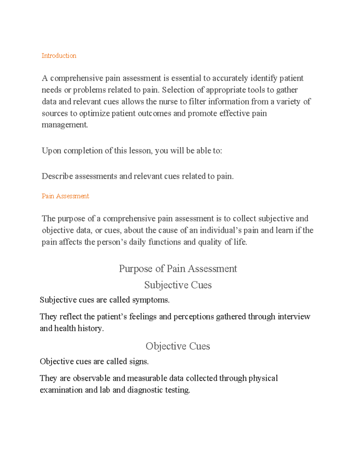 NUR 101: Pain Assessment and Recognition of Cues in Nursing - Studocu
