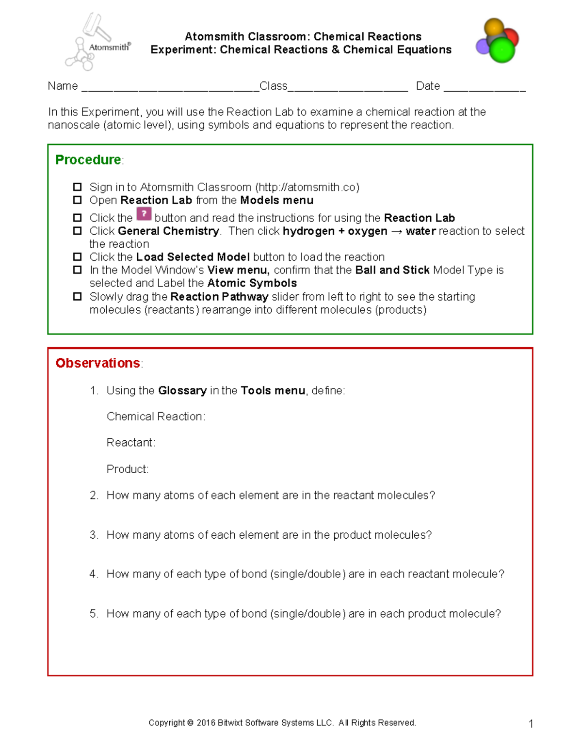 Atomsmith Classroom: Chemical Reactions Experiment WS - Studocu