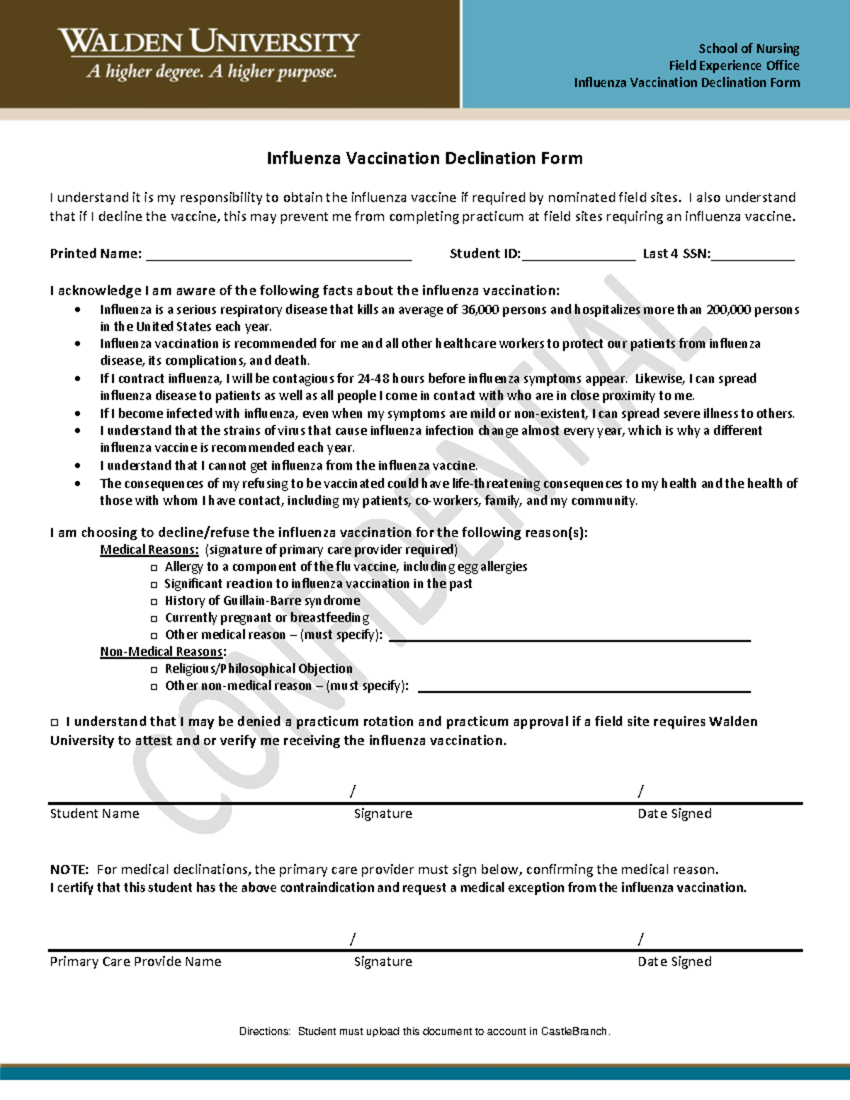 NUR 301 Influenza Vaccination Declination Form for Field Experience ...