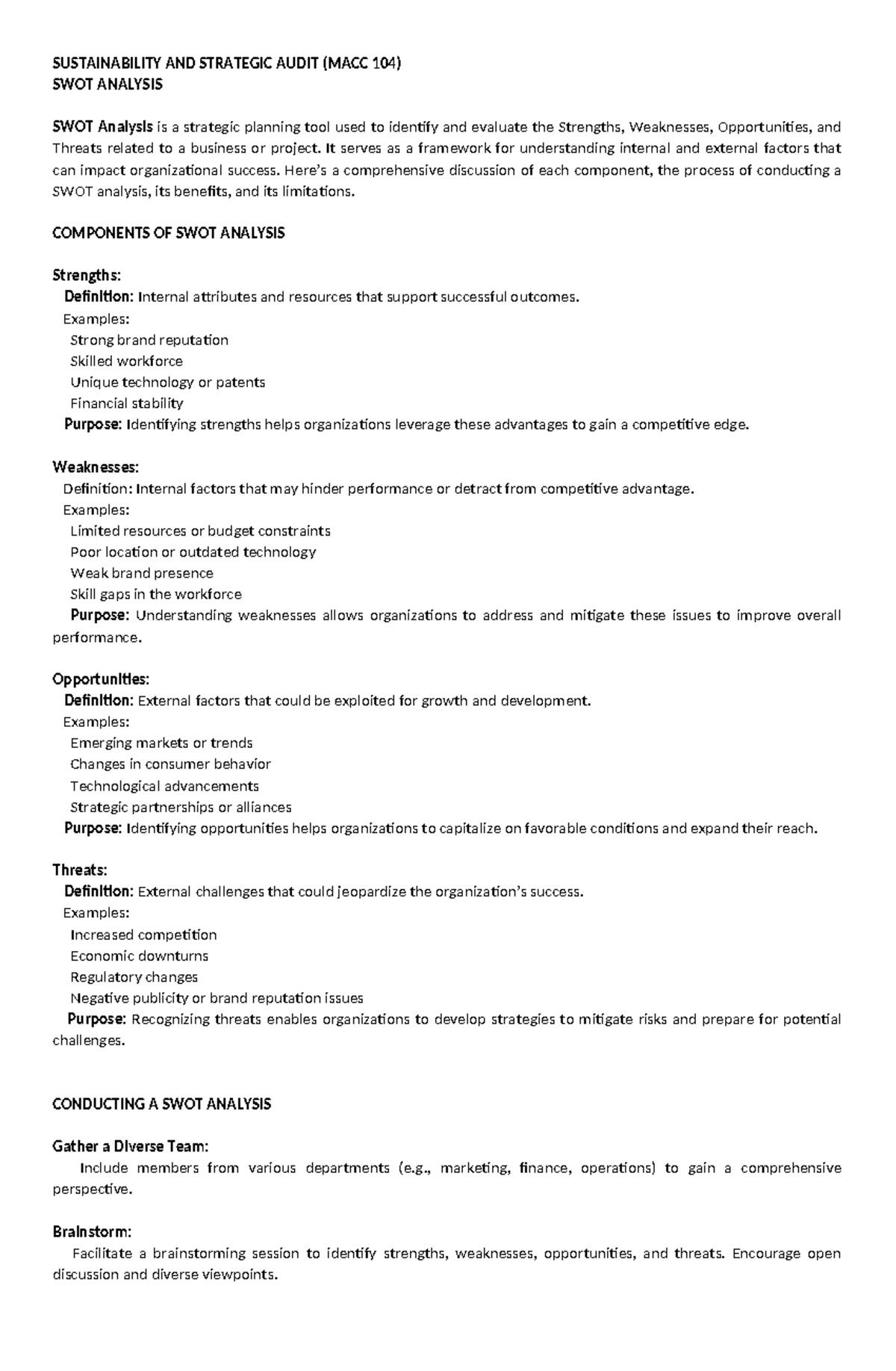 Sustainability & Strategic Audit: SWOT Analysis Overview (MACC 104 ...