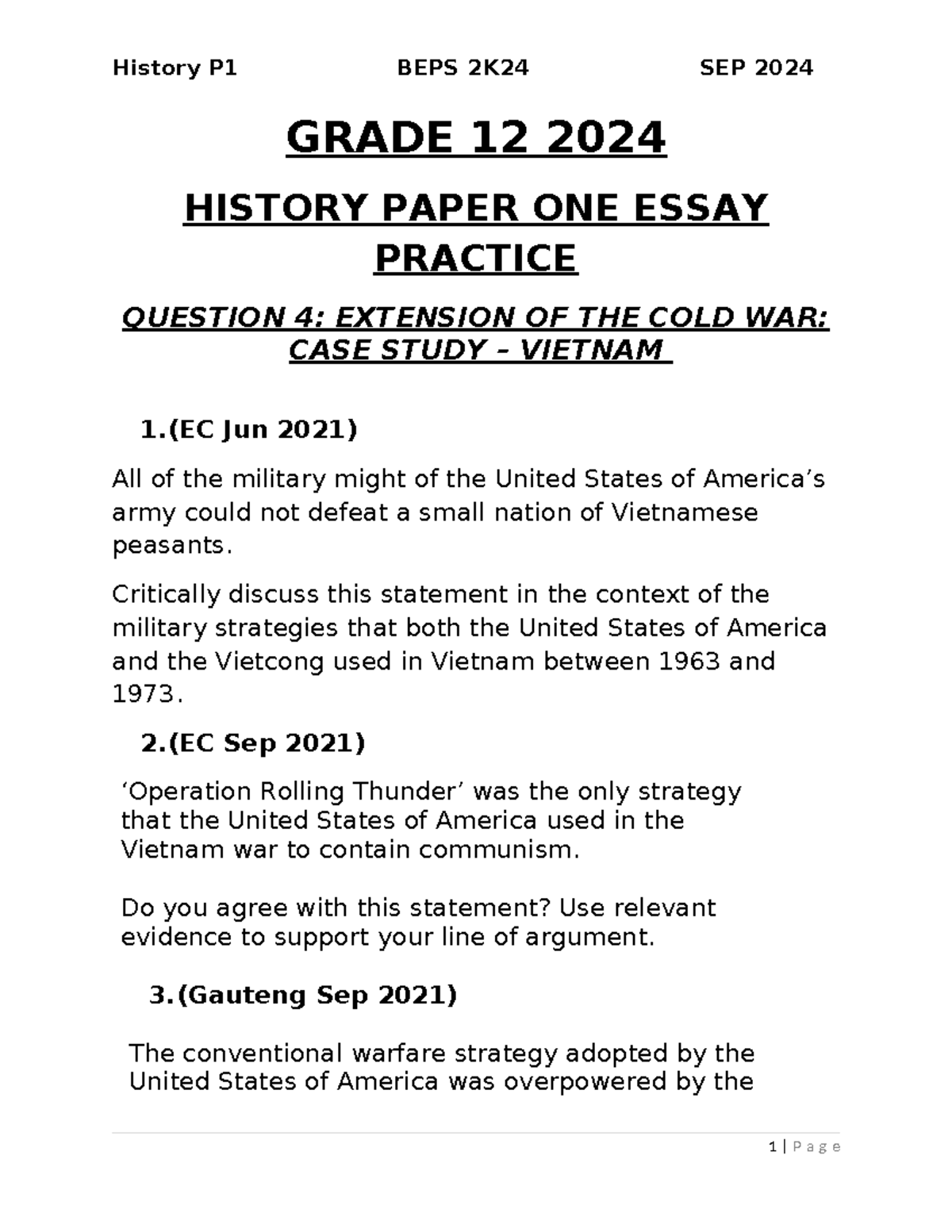History Paper ONE Essay Revison 2024 - GRADE 12 2024 HISTORY PAPER ONE ...