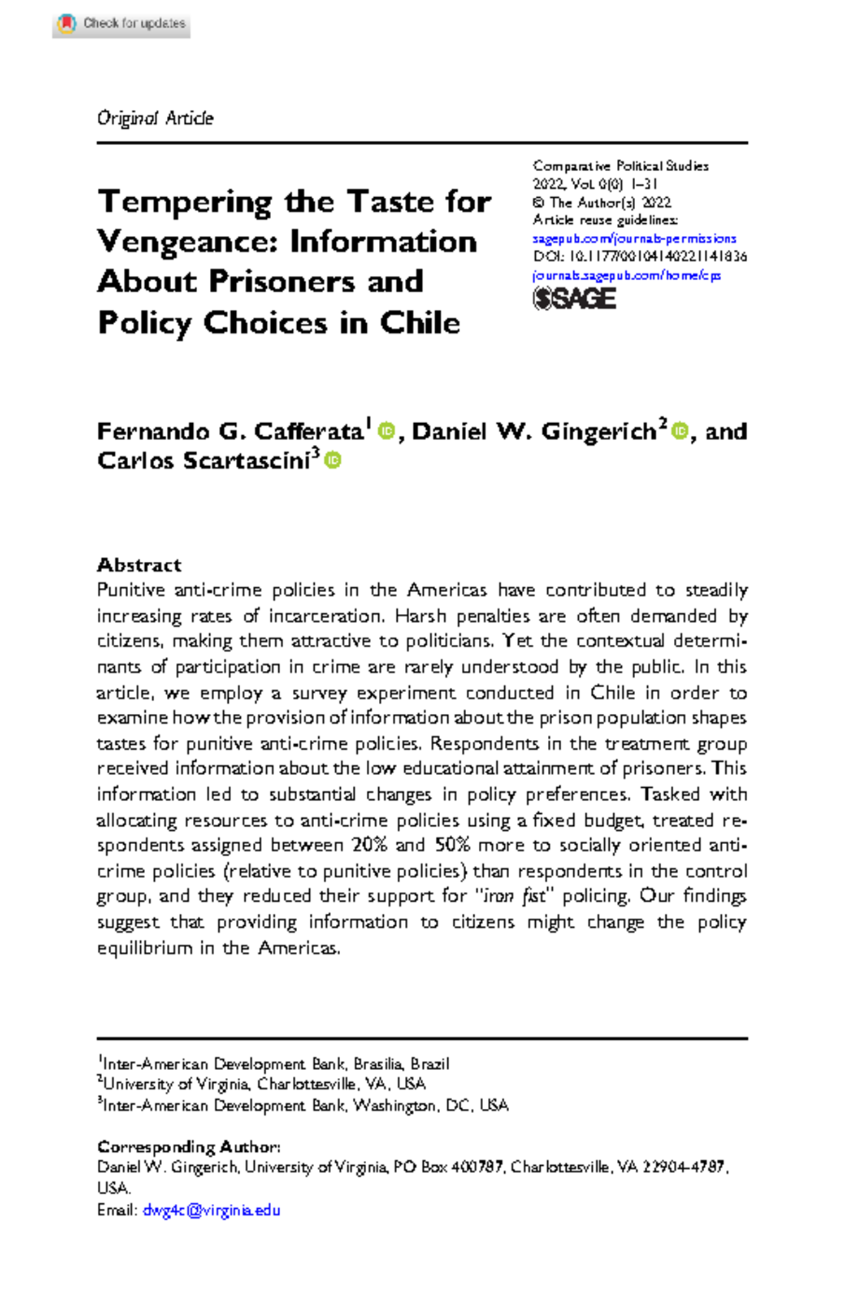 Tempering the Taste for Vengeance: Prisoners and Policy in Chile ...