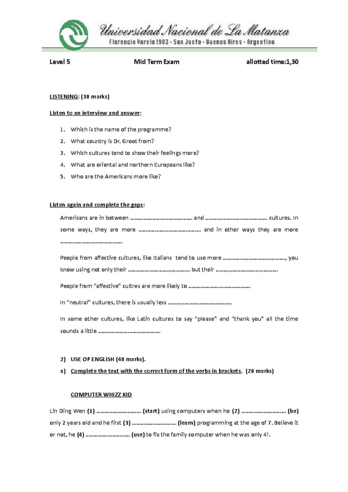 Midterm Exam Level 5 - Listening and Use of English Guide - Studocu