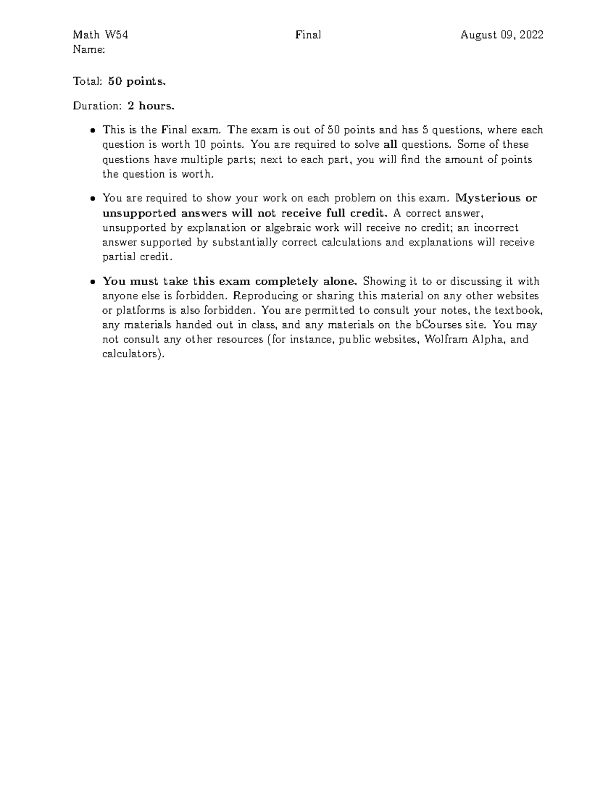 Math W54 Final Exam Guidelines and Problem Set Overview - Studocu