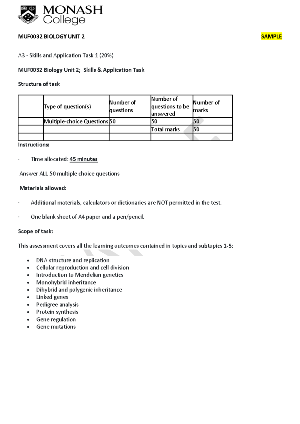 MUF0032 Biology Unit 2 Sample MCQ Assessment - Studocu