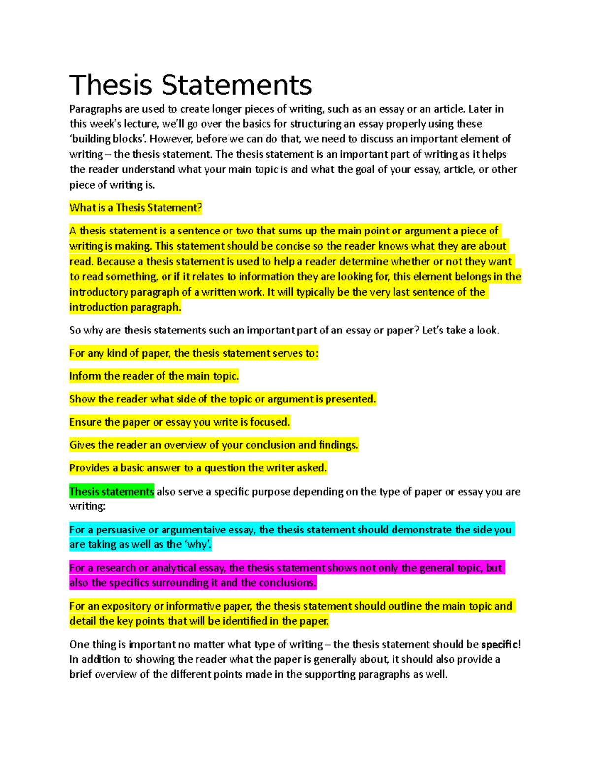 Thesis Statements - Thesis Statements Paragraphs are used to create ...
