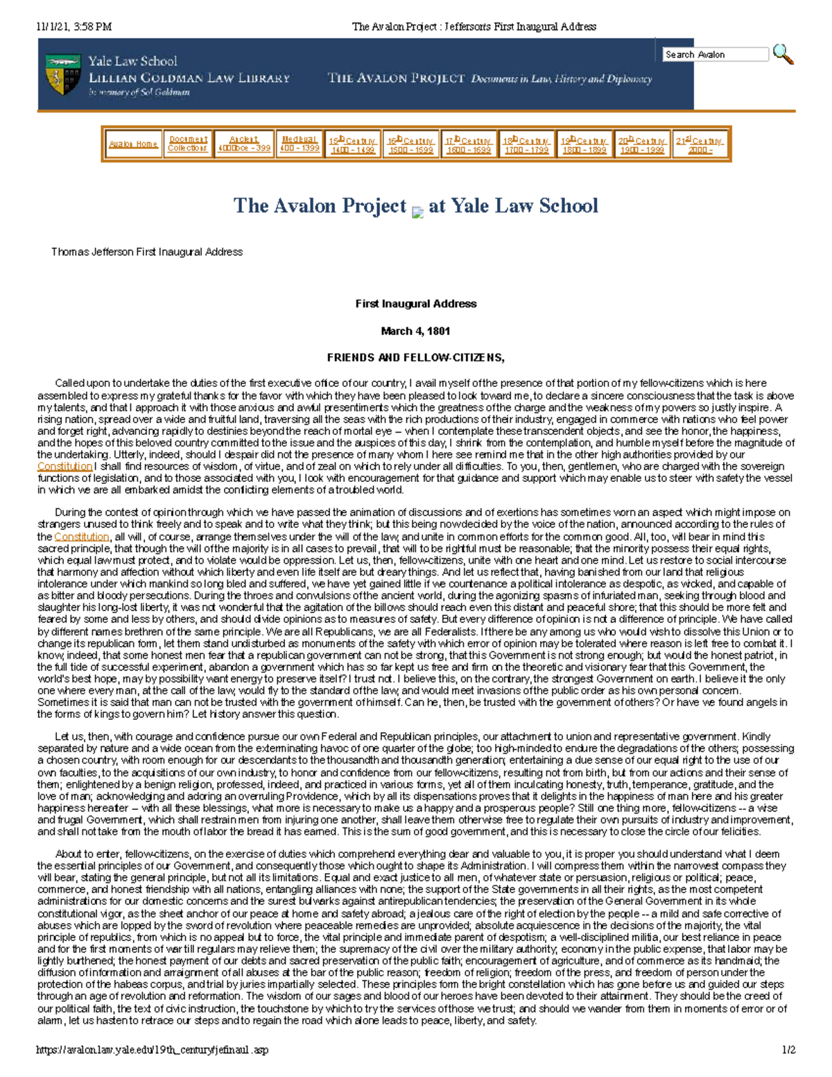 Jefferson's First Inaugural Address (HIST 399) - March 4, 1801 - Studocu