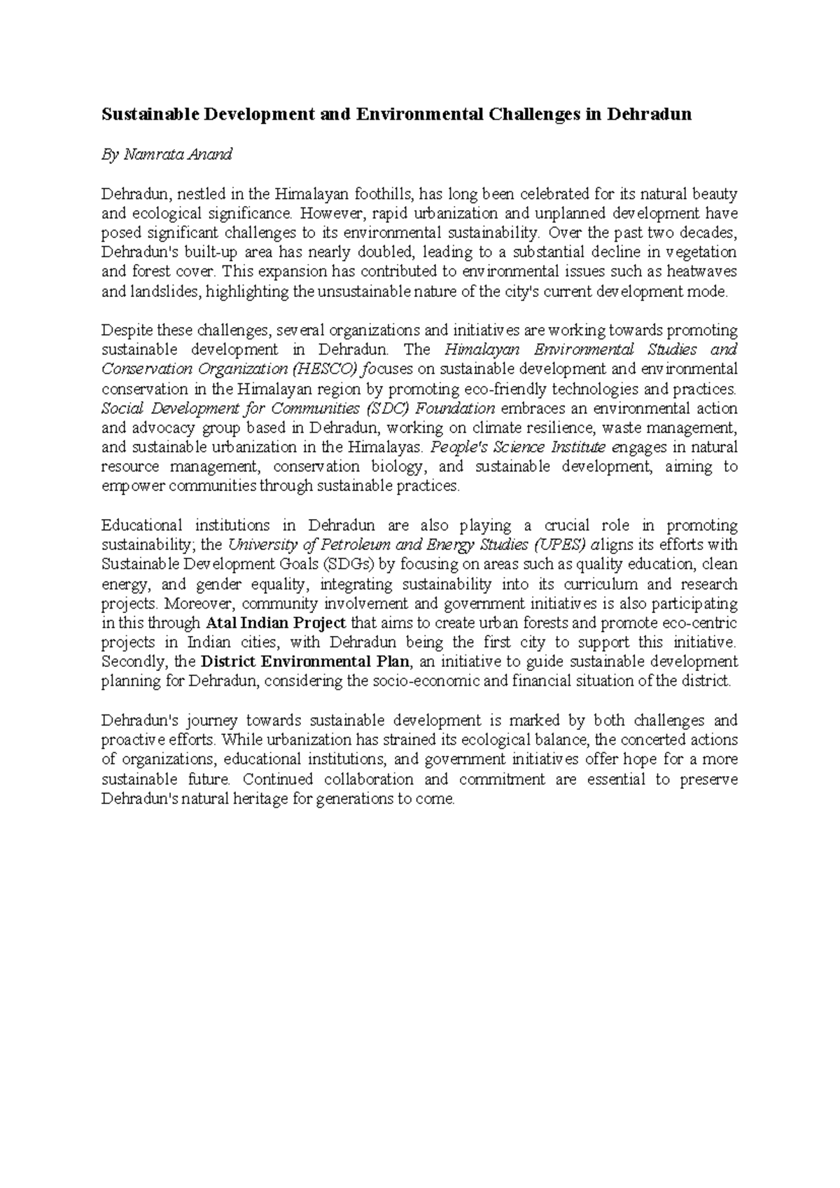 Sustainable Development Challenges in Dehradun: A BBA Perspective - Studocu