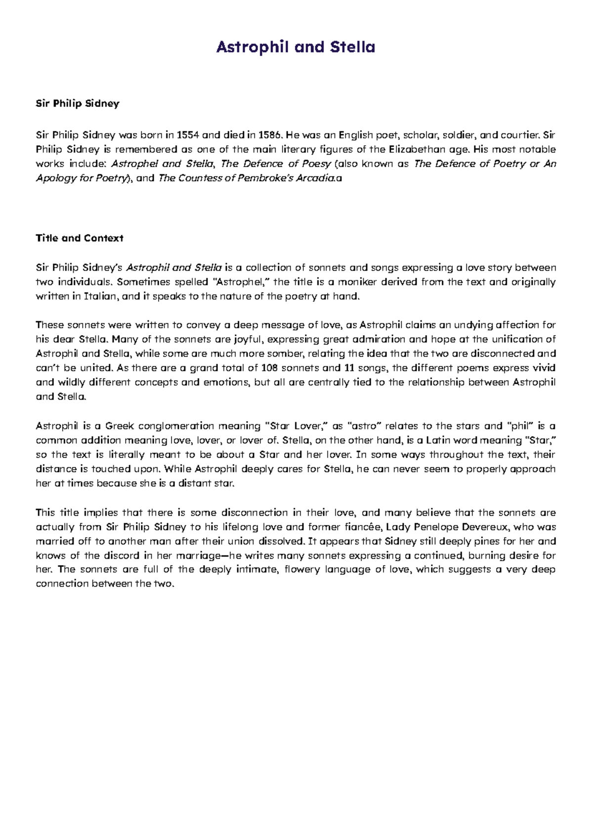 Astrophil and Stella Sonnet 3 Analysis and Themes Summary - Studocu