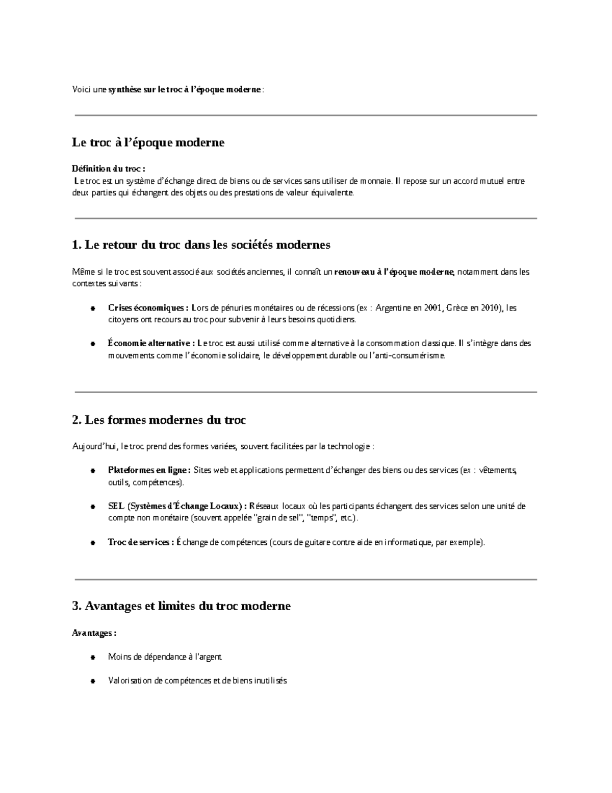 Synthèse sur le Troc Moderne : Définition et Évolution - Studocu