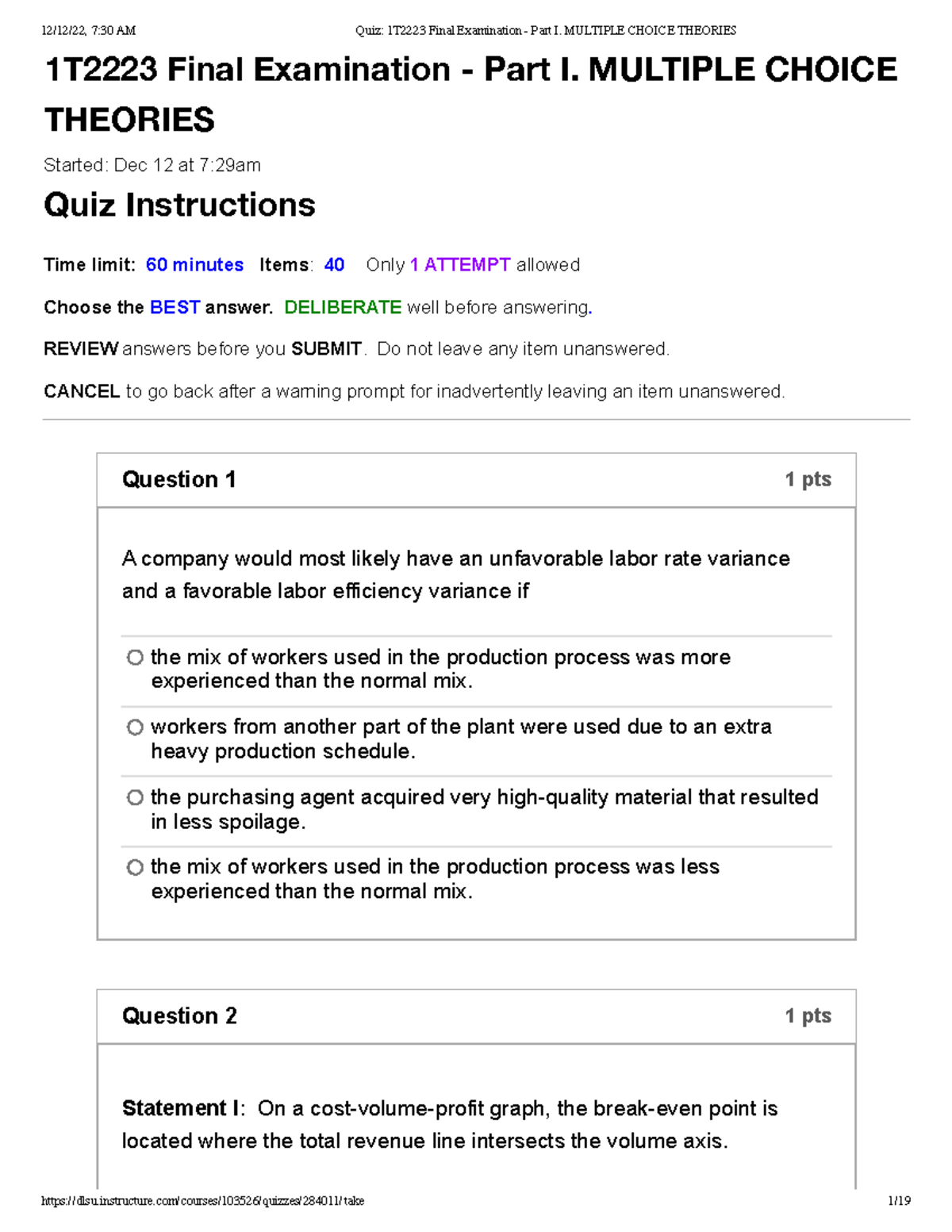 Quiz 1T2223: Final Exam Part I - Multiple Choice Theories - Studocu