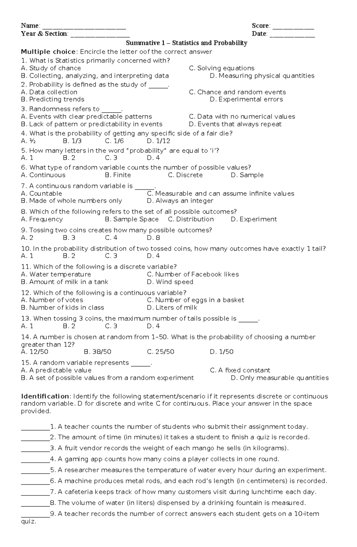 Summative 1 - Statistics and Probability MCQ Review - Studocu