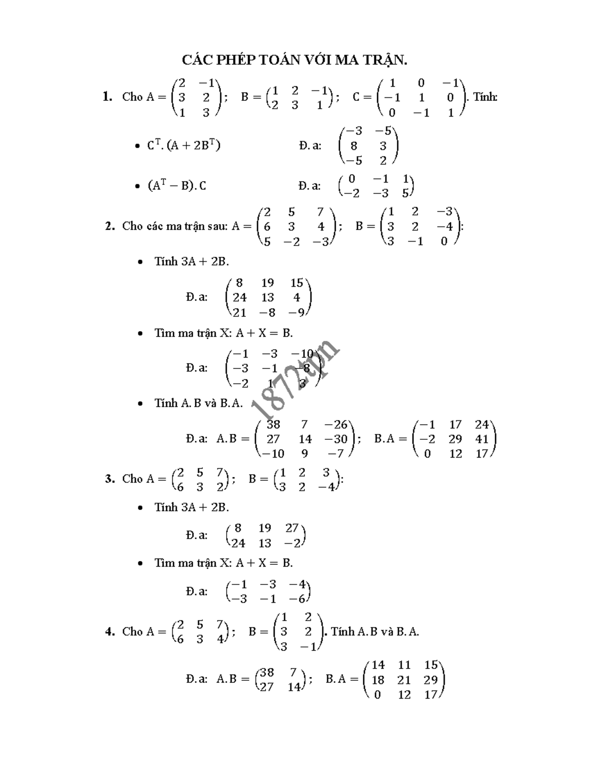 1.2 BÀI TẬP MA TRẬN - hjjjkk - CÁC PHÉP TOÁN VỚI MA TRẬN. 1. Cho A = ൭ ...