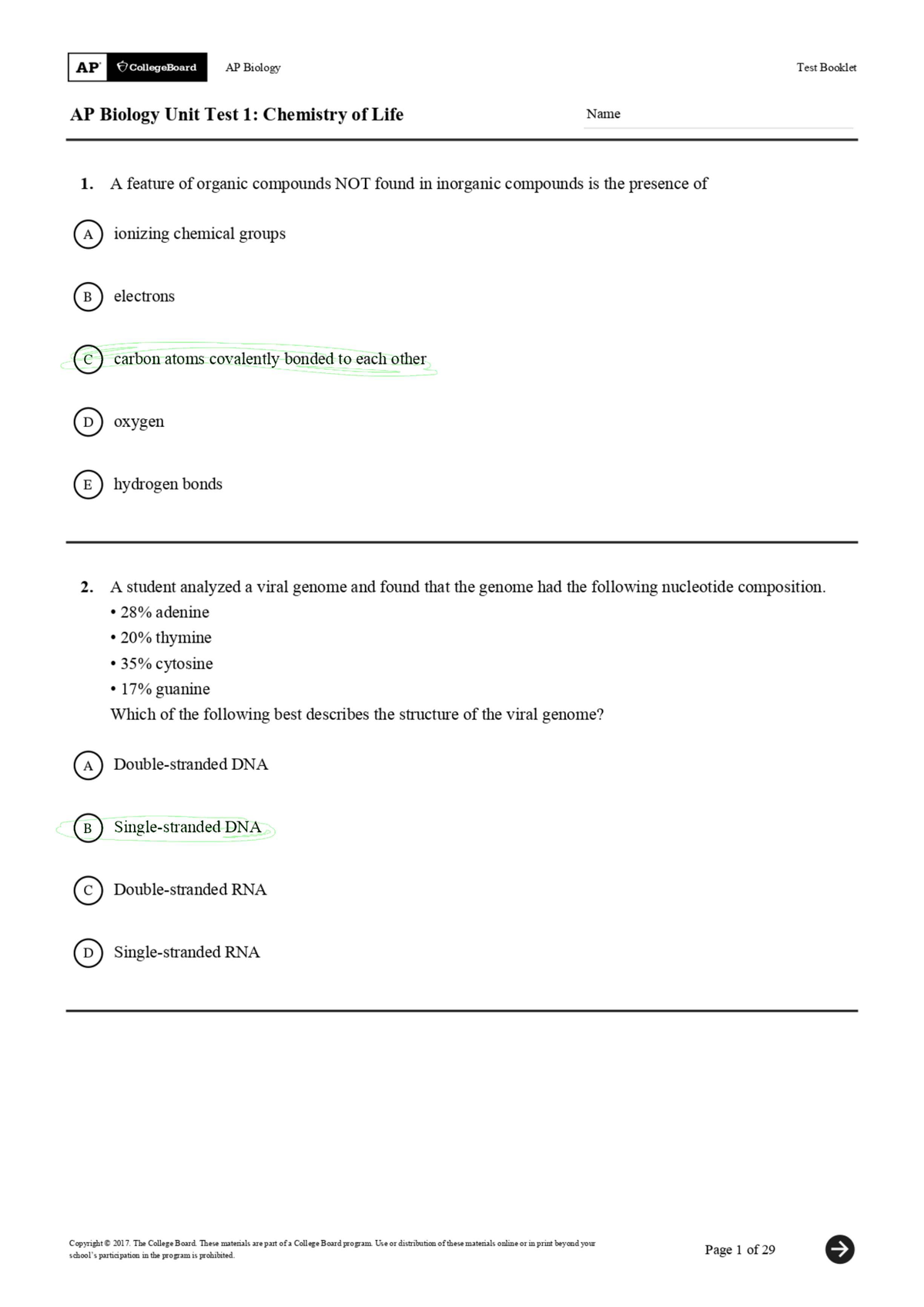 AP Biology Unit Test 1: Chemistry of Life Review - Studocu