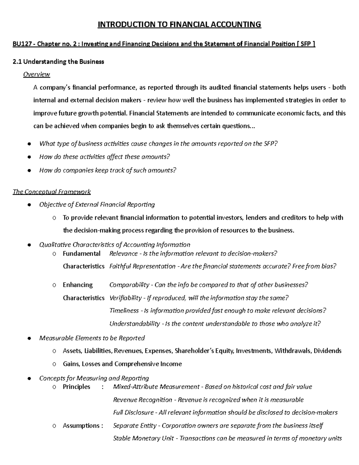 BU127 - Chapter 2 Notes: Investing & Financing Decisions Explained ...