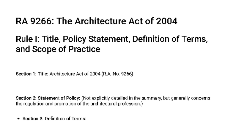 RA 9266: Summary of the Architecture Act of 2004 - Study Guide - Studocu
