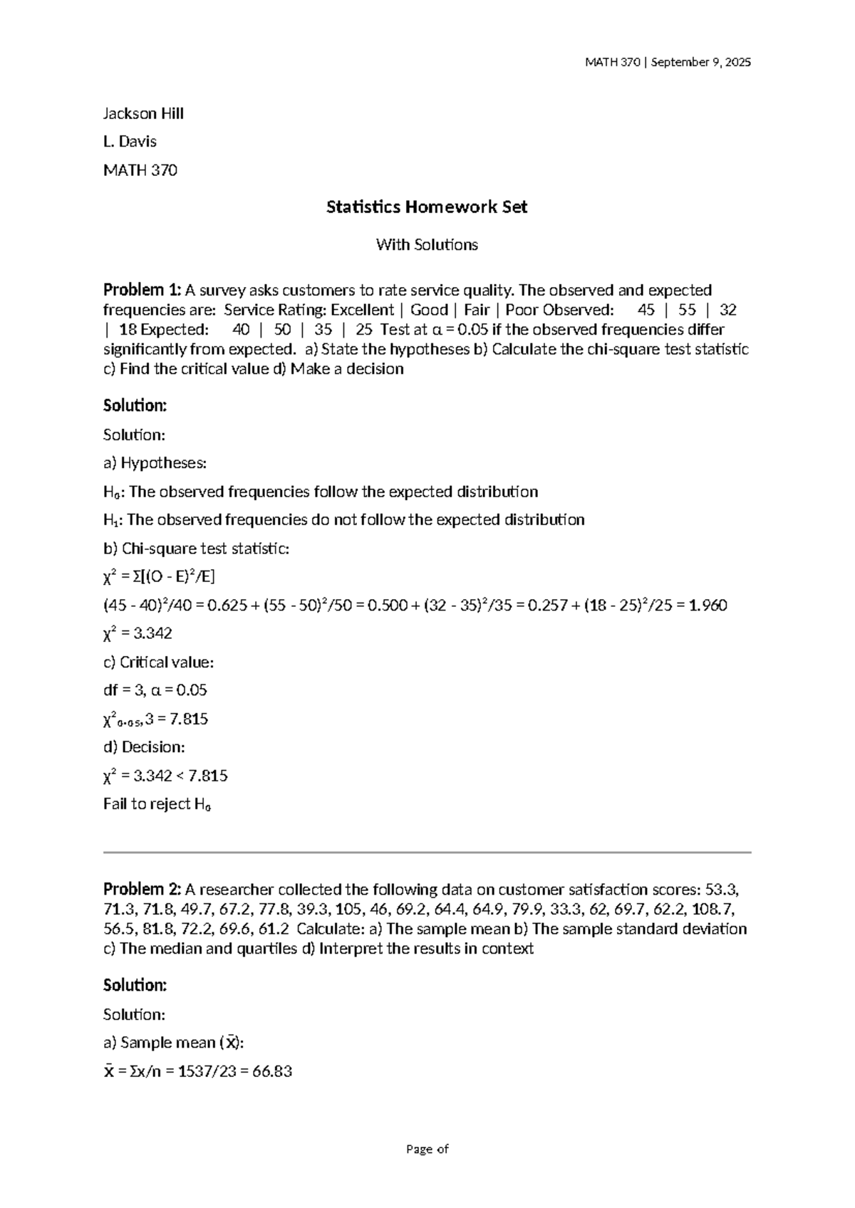 MATH 370 Statistics Homework Solutions - September 2025 - Studocu