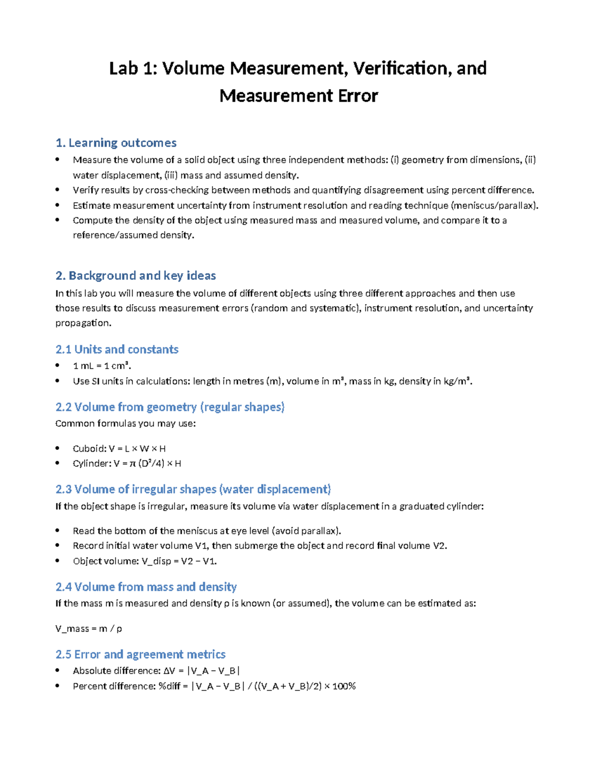 Lab 1: Volume Measurement & Error Analysis Techniques - Studocu