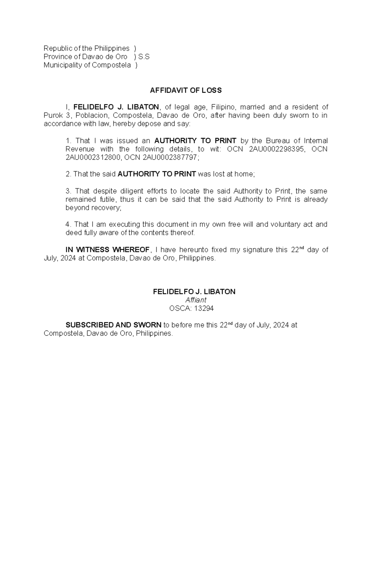 Affidavit of Loss: Authority to Print and NIRI - OSCA 13294 - Studocu