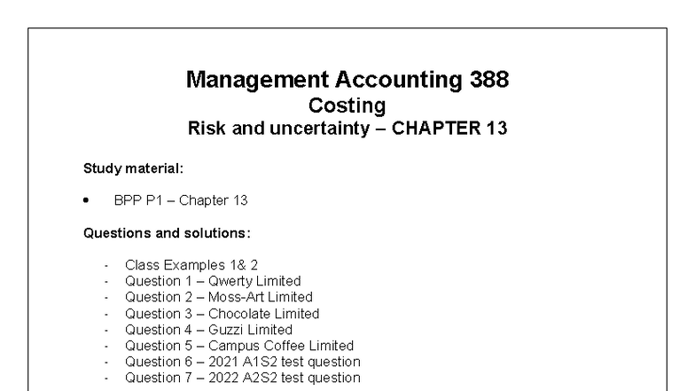 Management Accounting 388: Costing Risk and Uncertainty - Chapter 13 ...
