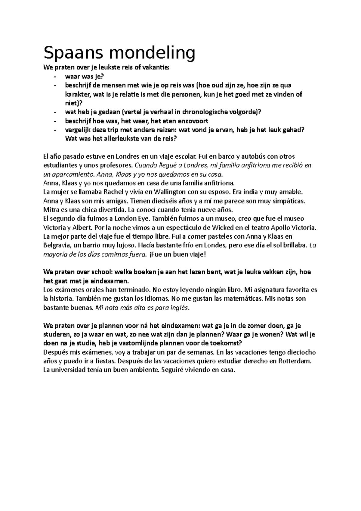 Spaanse Taal en Literatuur mondeling vakantie - Spaans mondeling We ...