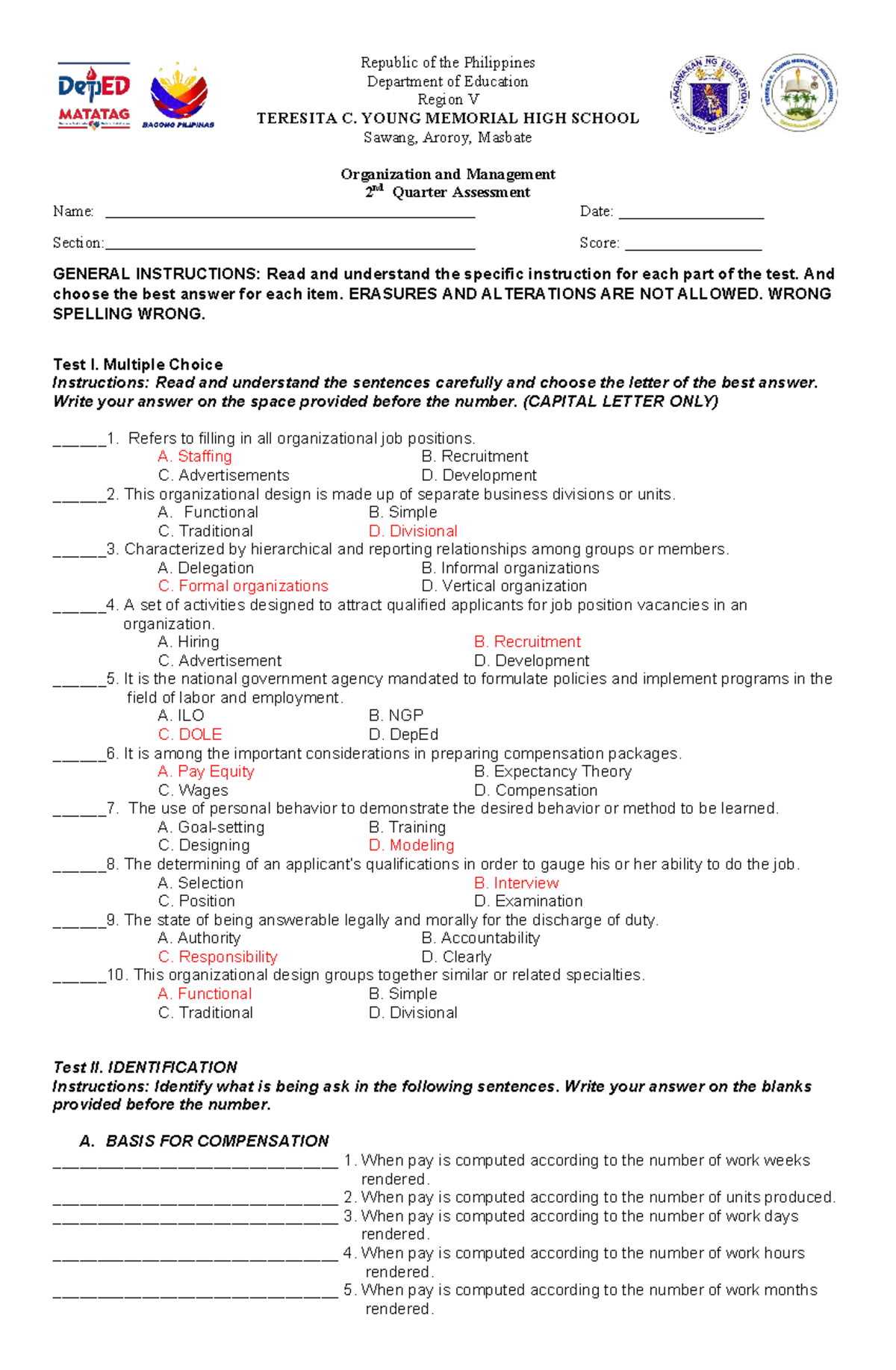 Organization and Management 2nd Quarter Assessment - OrgMan 101 - Studocu