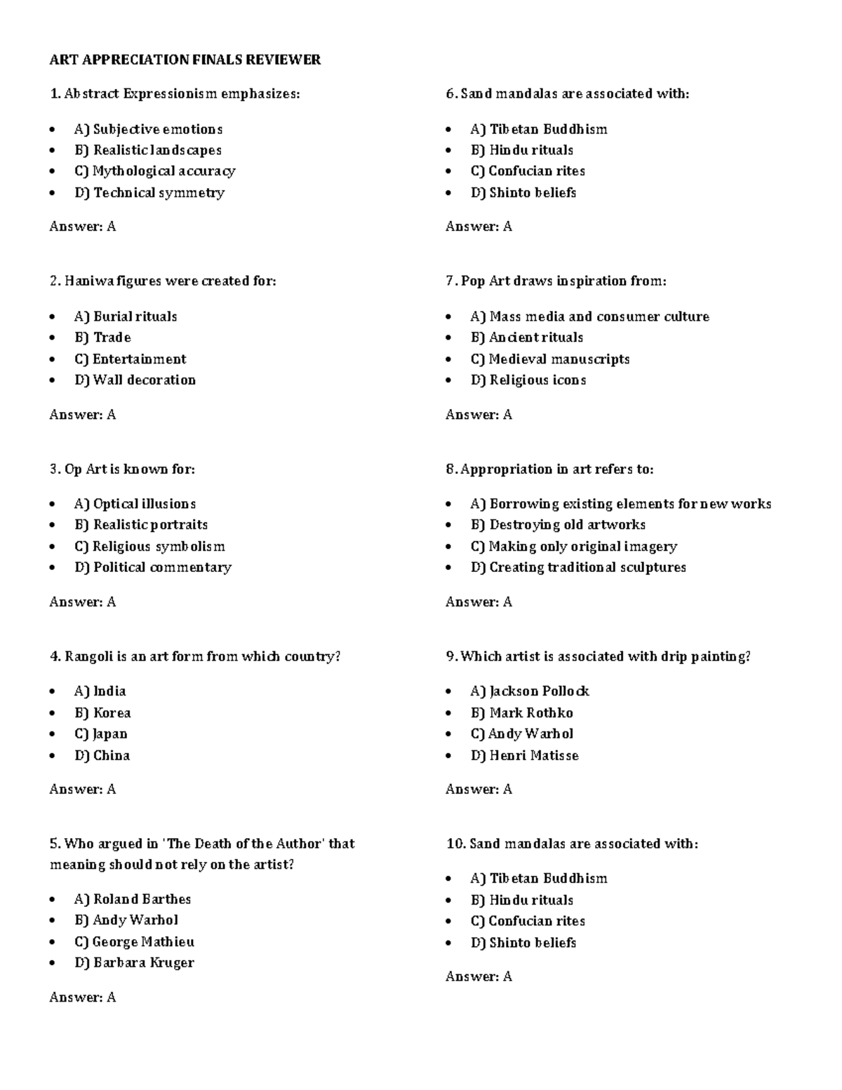 ART APPRECIATION (ARTA) FINALS REVIEWER: KEY CONCEPTS & ART MOVEMENTS ...