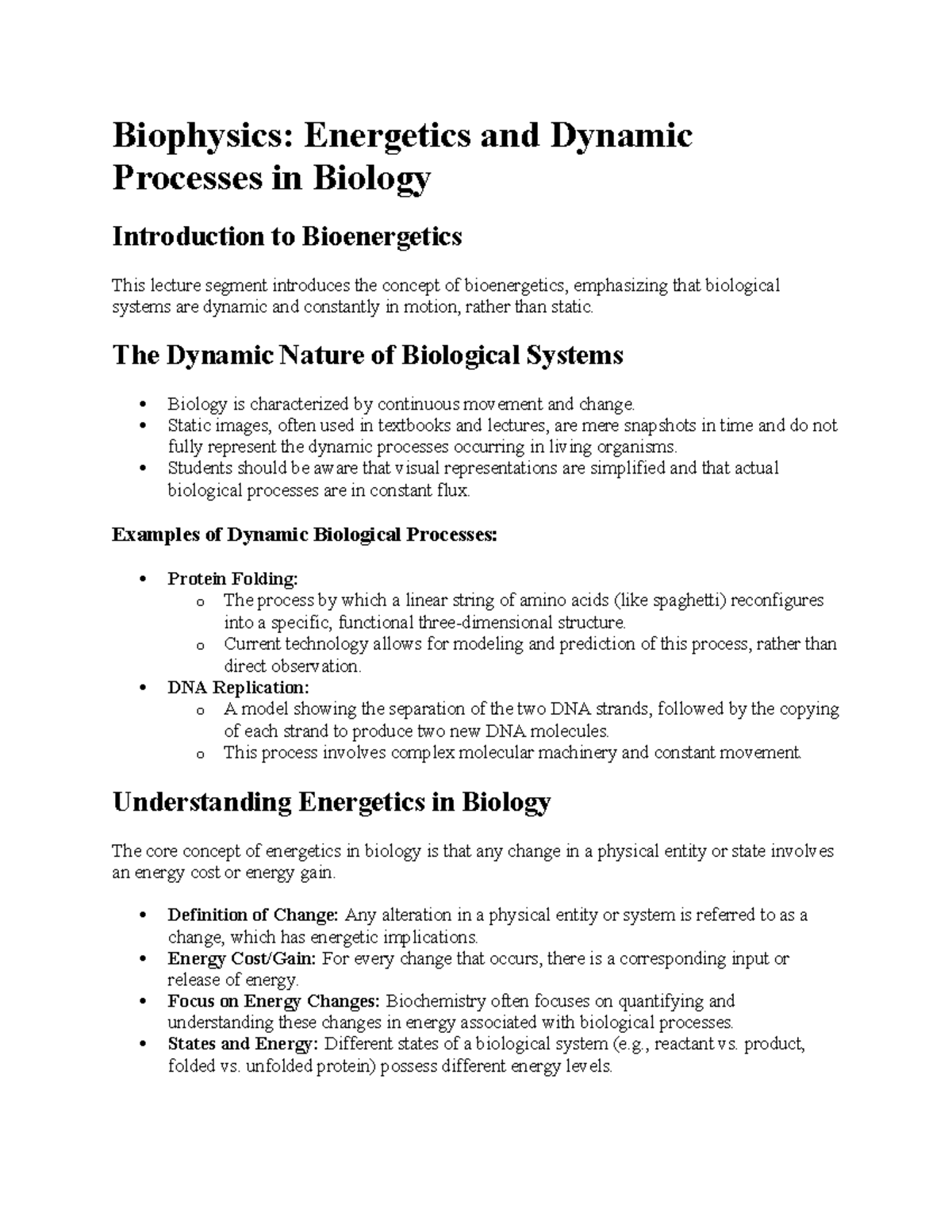 Biophysics 101: Lecture 2 - Bioenergetics & Dynamic Processes - Studocu