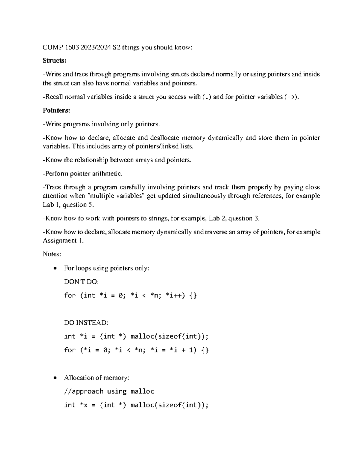 COMP 1603 S2 Study Guide: Structs, Pointers, and ADTs Overview - Studocu