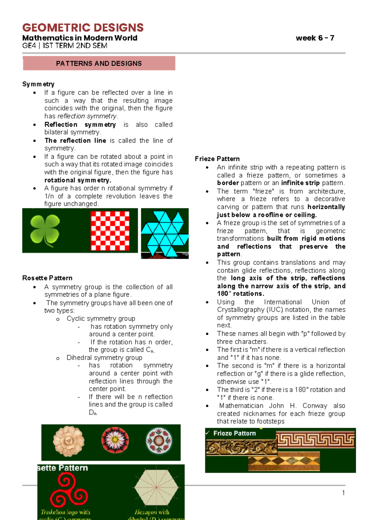 Geometric Designs 2 - Week 6-7 Overview for GE4 1st Term 2nd Sem - Studocu