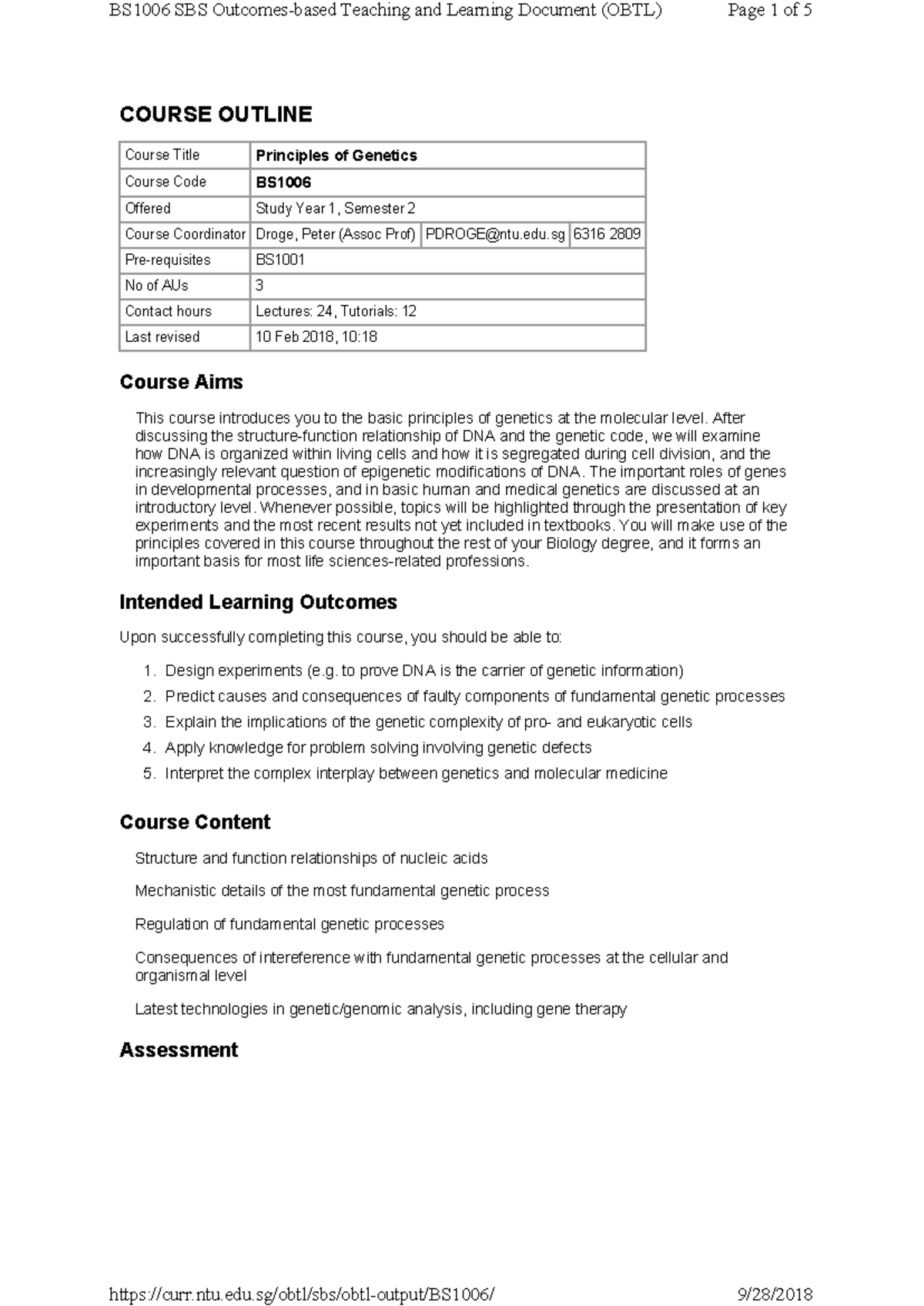 BS1006 Principles of Genetics Course Outline and Assessment Guide - Studocu