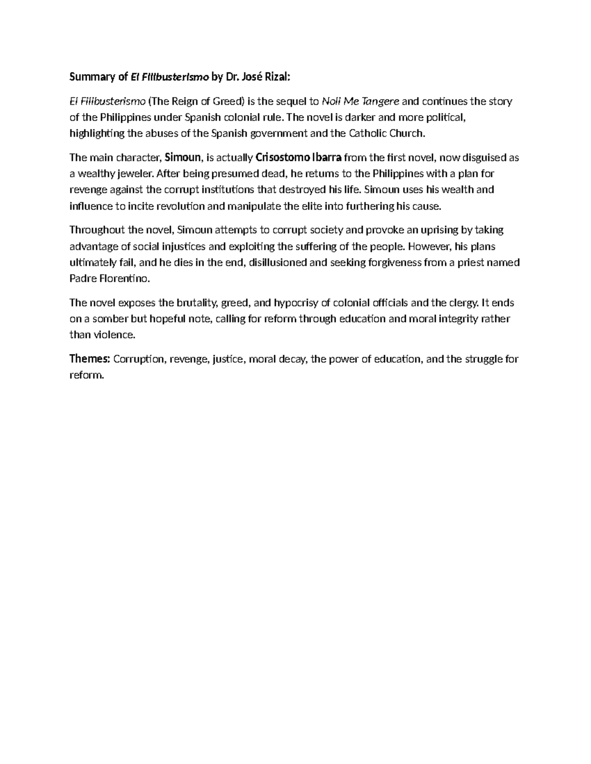 Summary of El Filibusterismo: Themes & Analysis of Rizal's Work - Studocu