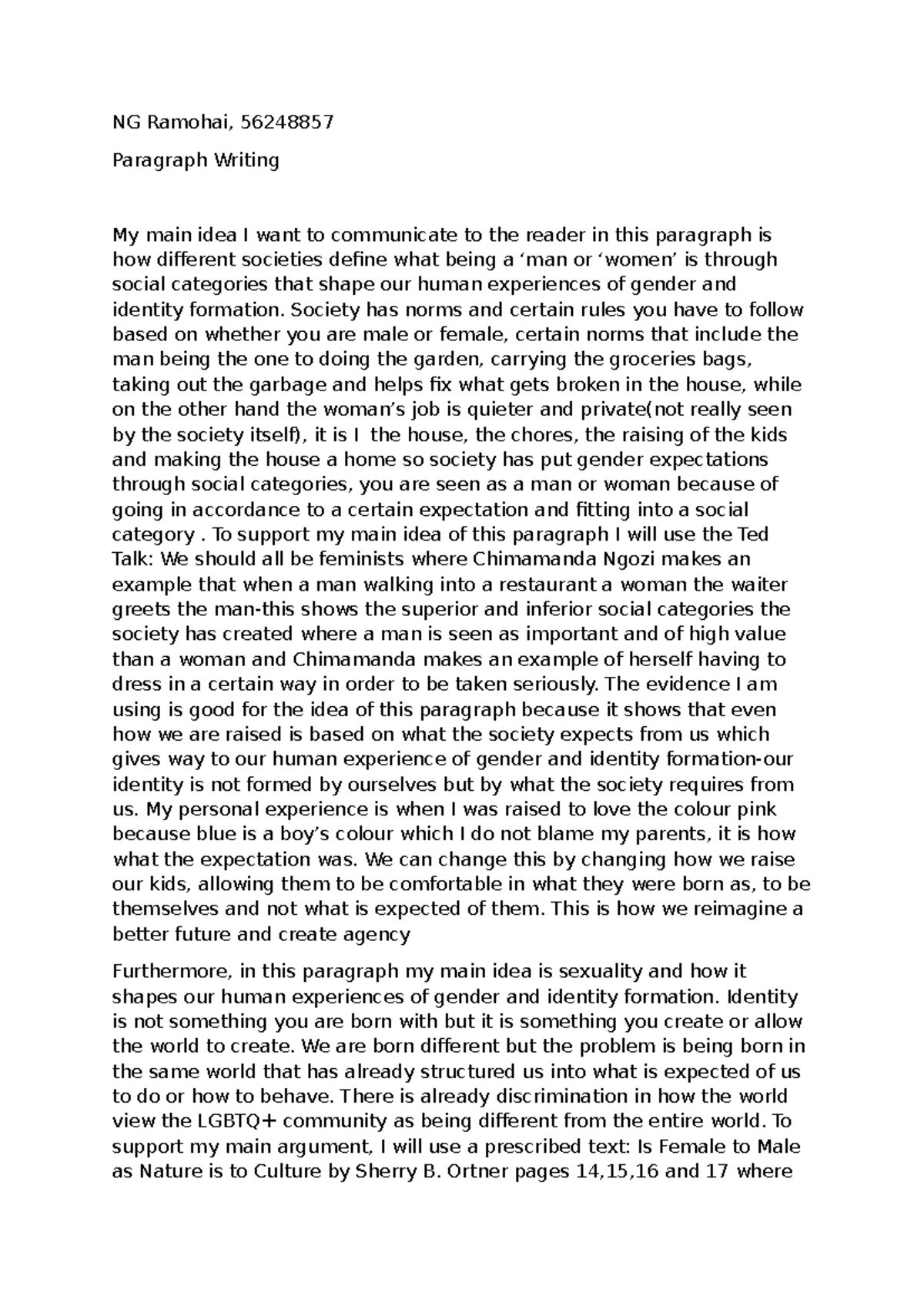 NG Ramohai, 56248857 Paragraph Writing: Gender, Identity & Society ...