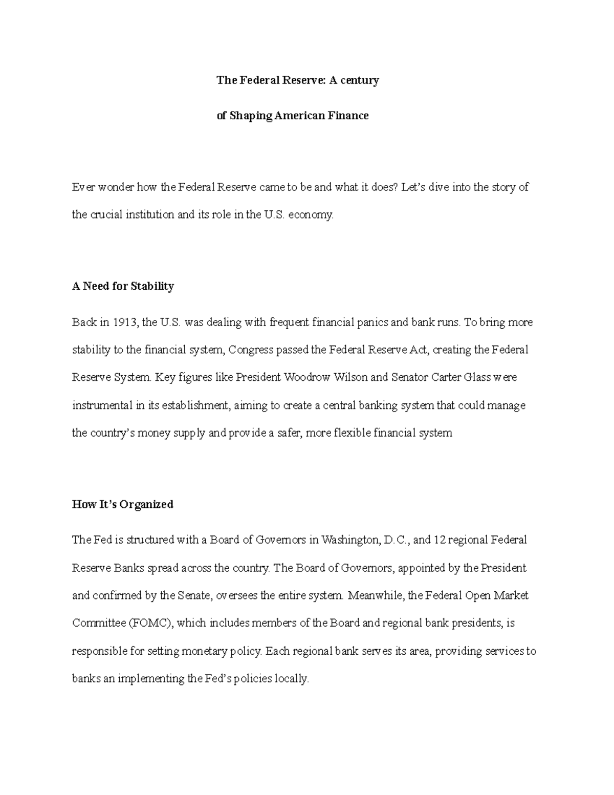Module 2: Lesson 2 Assignment on The Federal Reserve's Role in U.S ...