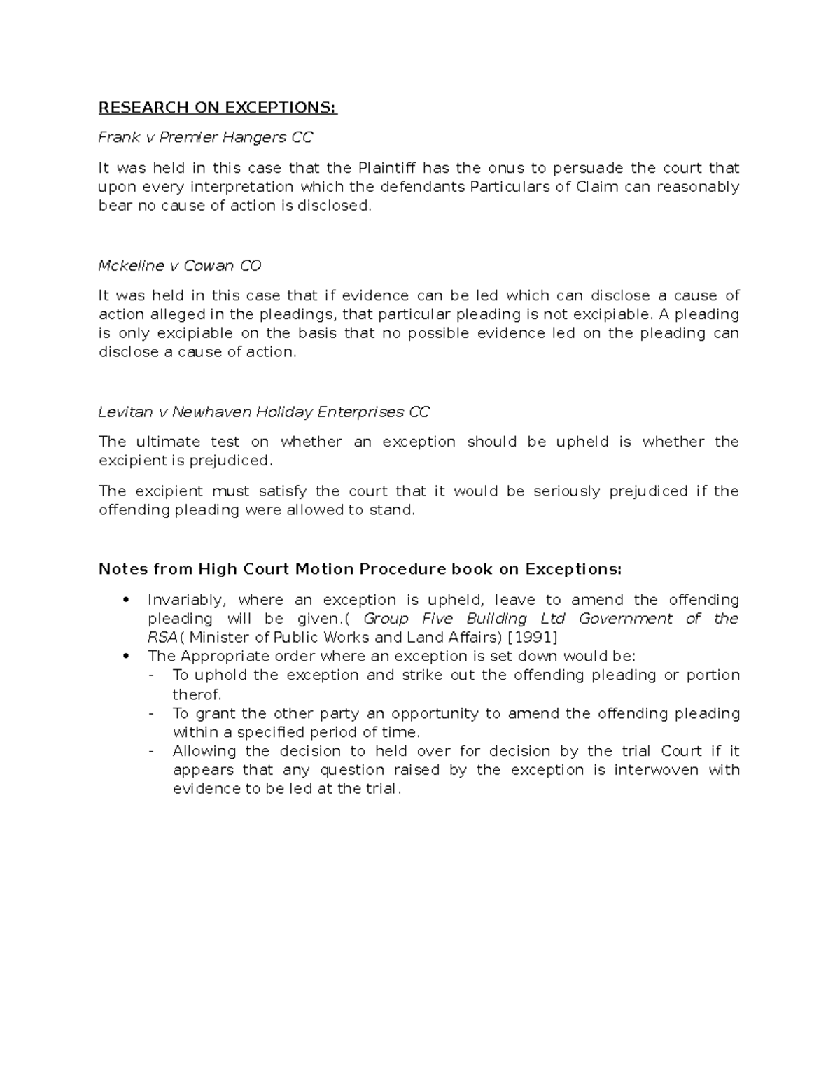 Research ON Exceptions - RESEARCH ON EXCEPTIONS: Frank v Premier ...