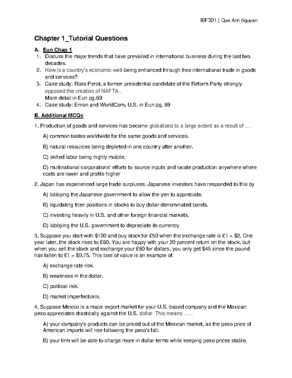 Chap01 Tutorial Questions-1 - IBF301 | Que Anh Nguyen Chapter 1 ...