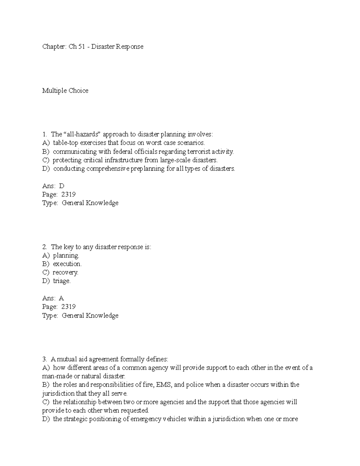 Ch 51 - Multiple Choice Questions on Disaster Response - Studocu
