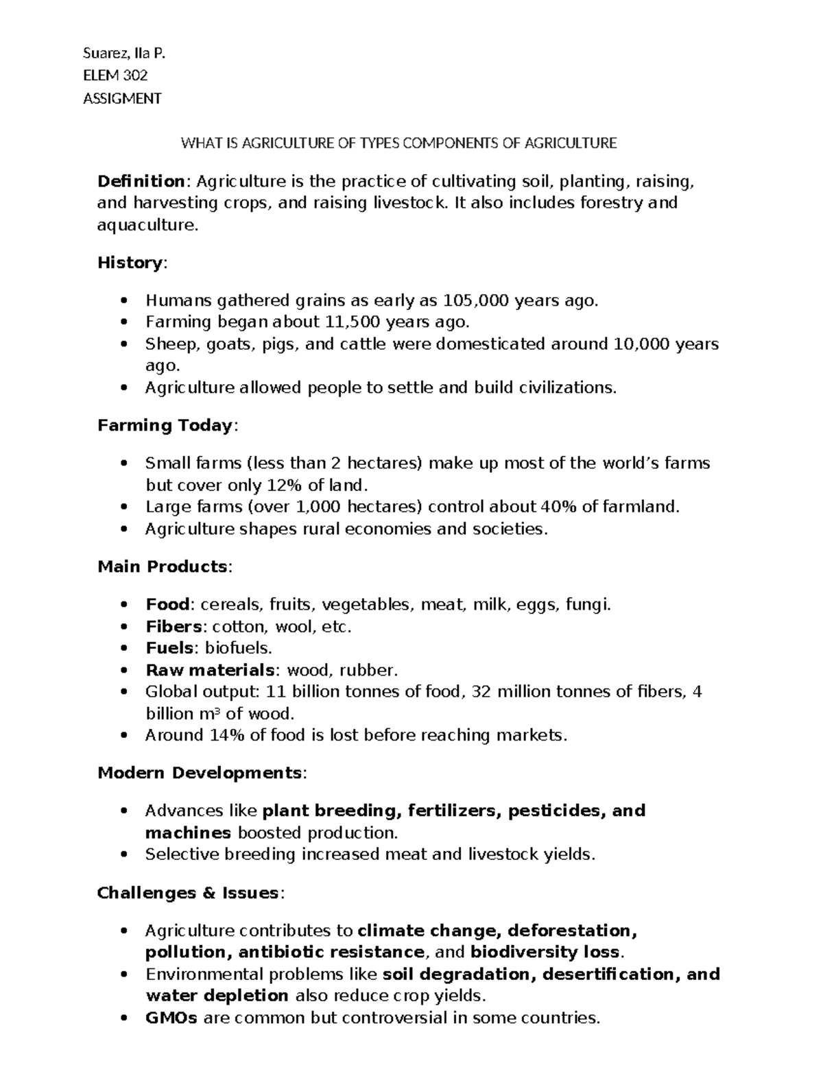 ELEM 302 Assignment: Understanding Agriculture's Components and Impact ...