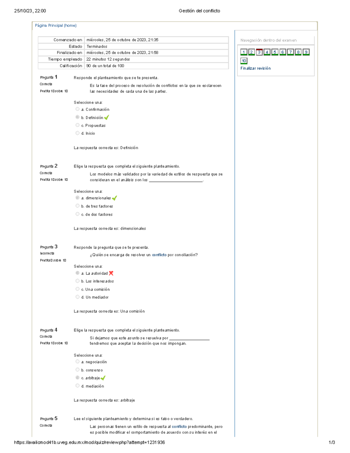 Examen de Gestión del Conflicto - Resultado y Preguntas Resueltas - Studocu