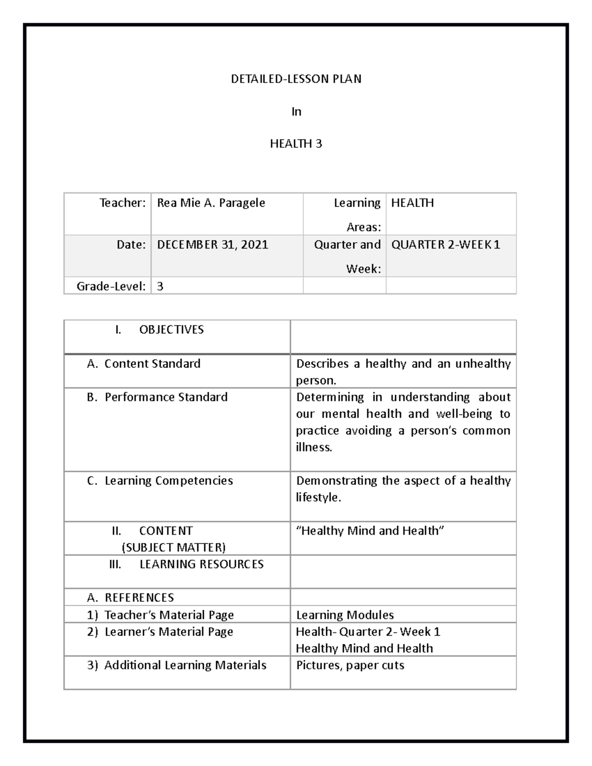 DLP- Health in Grade 3 - DETAILED-LESSON PLAN In HEALTH 3 Teacher: Rea ...