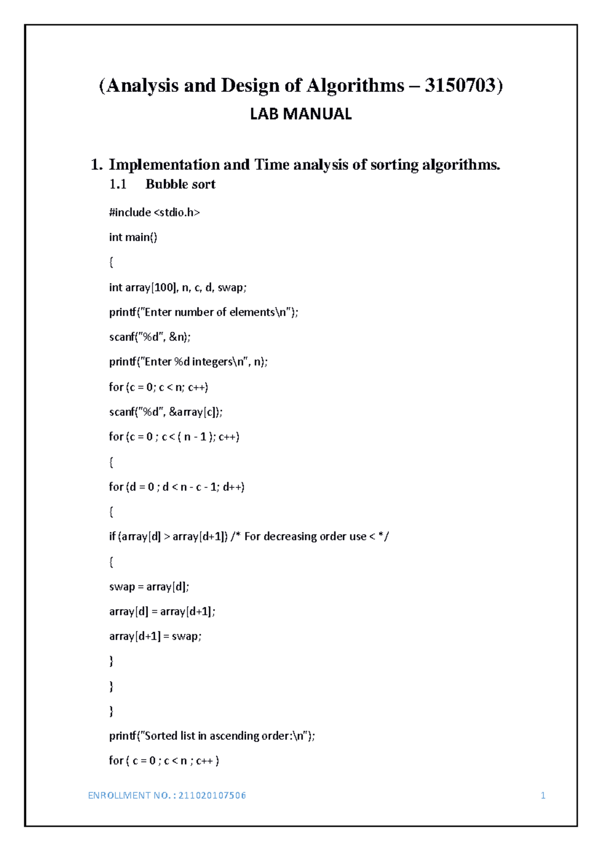 ADA - Practical Lab Manual: Sorting & Searching Algorithms Implementation - Studocu