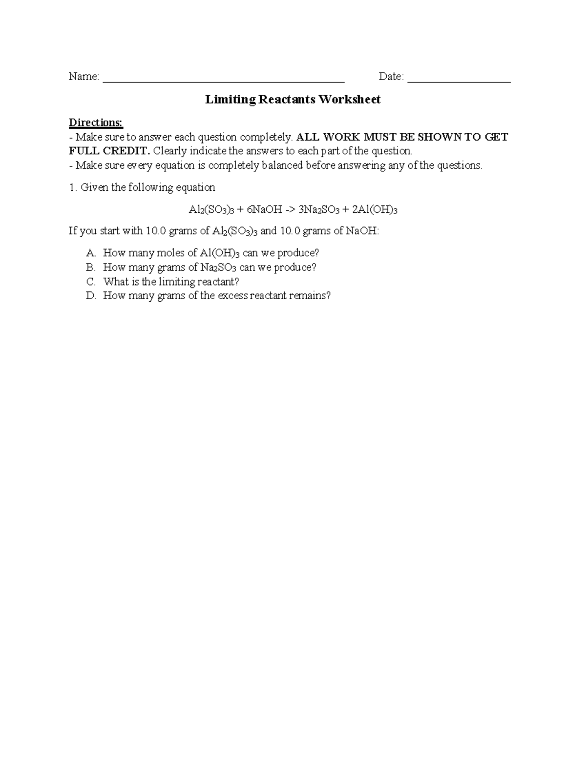Limiting reactants wrksht - Name ...
