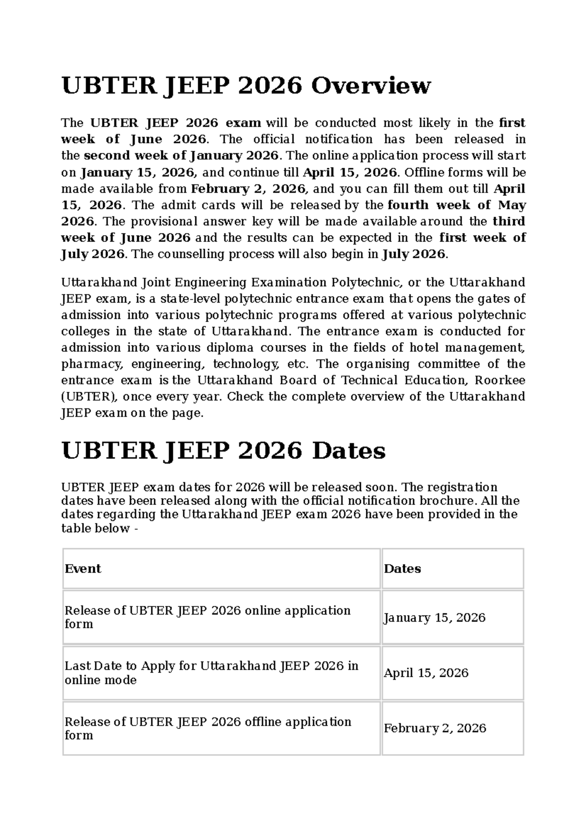 UBTER JEEP 2026 Exam Overview and Important Dates - Studocu