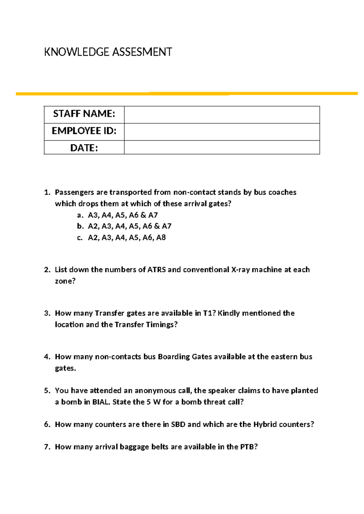 Knowledge Assessment: Employee ID, Date, and Key Airport Queries - Studocu